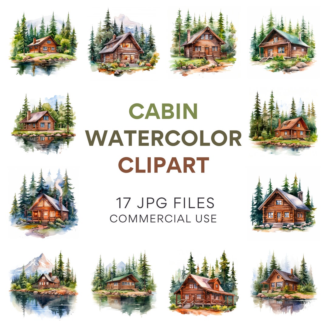 Cabin Clipart Bundle - Watercolor Cabin, Log Cabin Clipart, Digital Download, Commercial Use ...