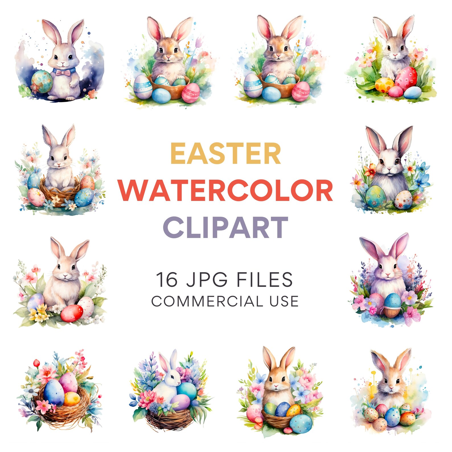 Easter Clipart: Watercolor Easter Bunny, Spring Clipart for Commercial ...