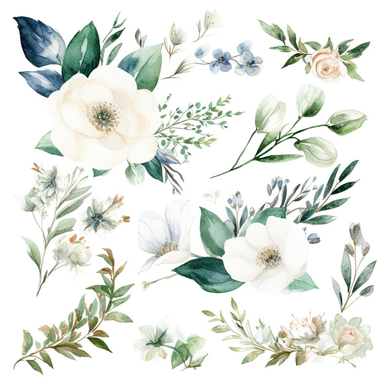White Wedding Florals Clipart: Rustic Floral Wedding Flowers, White ...