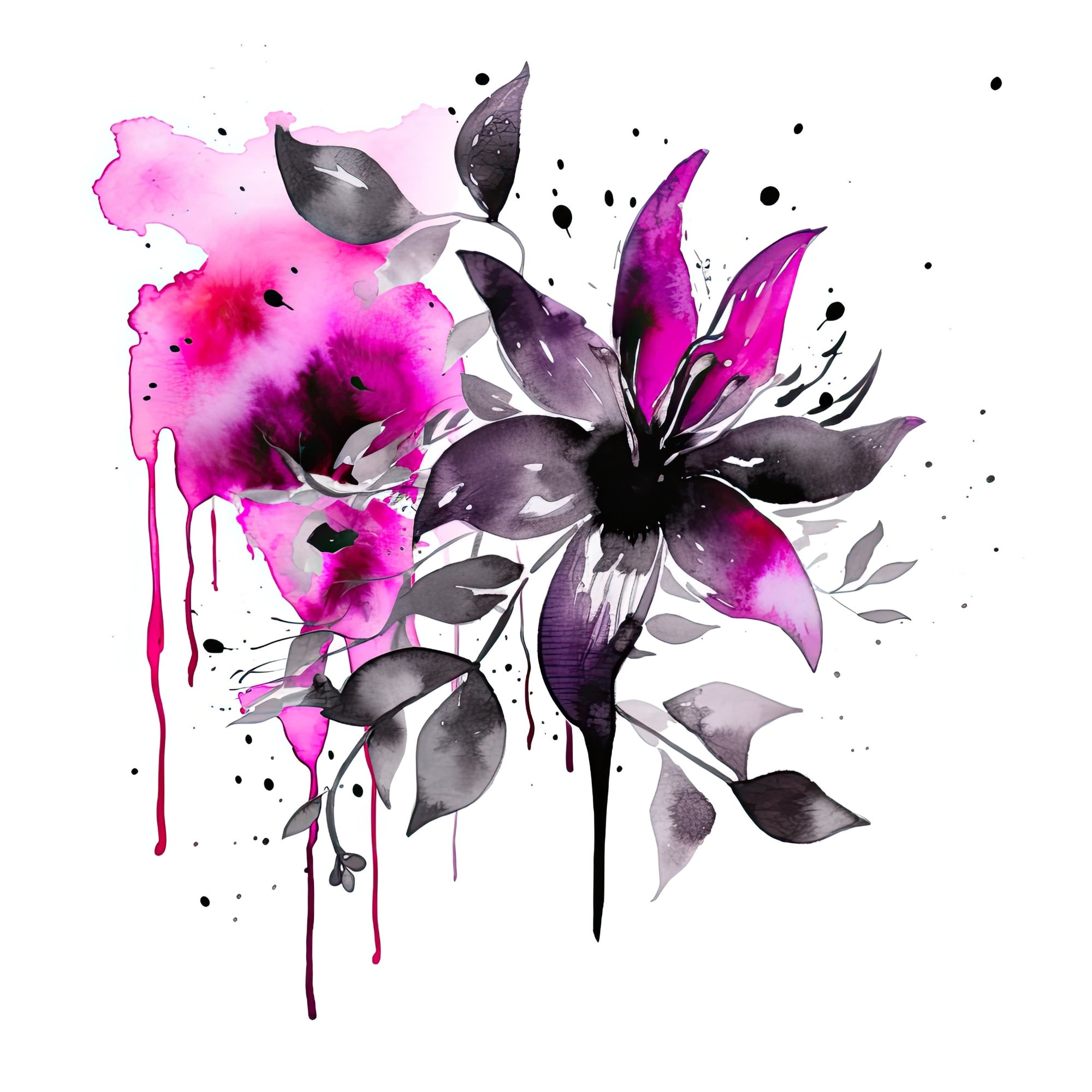 Fuchsia Black & Silver Floral Clipart: Vintage Watercolor Flower ...