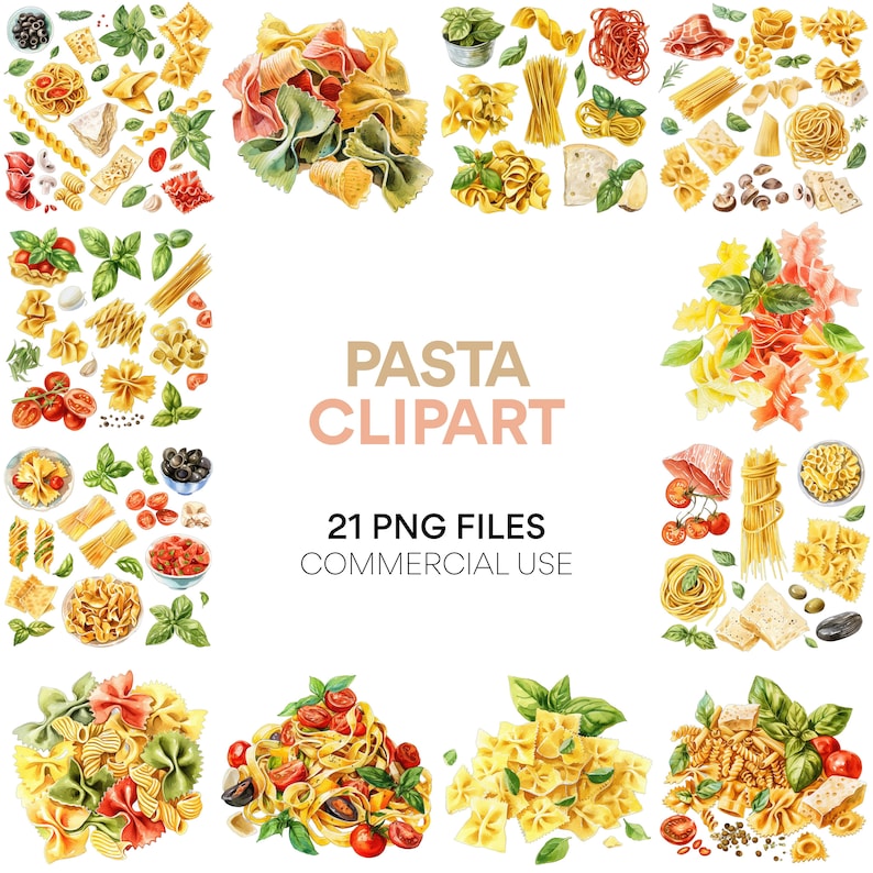 Pasta Clipart: Italian Food, Pizza, Ravioli, Spaghetti, Lasagna Digital ...