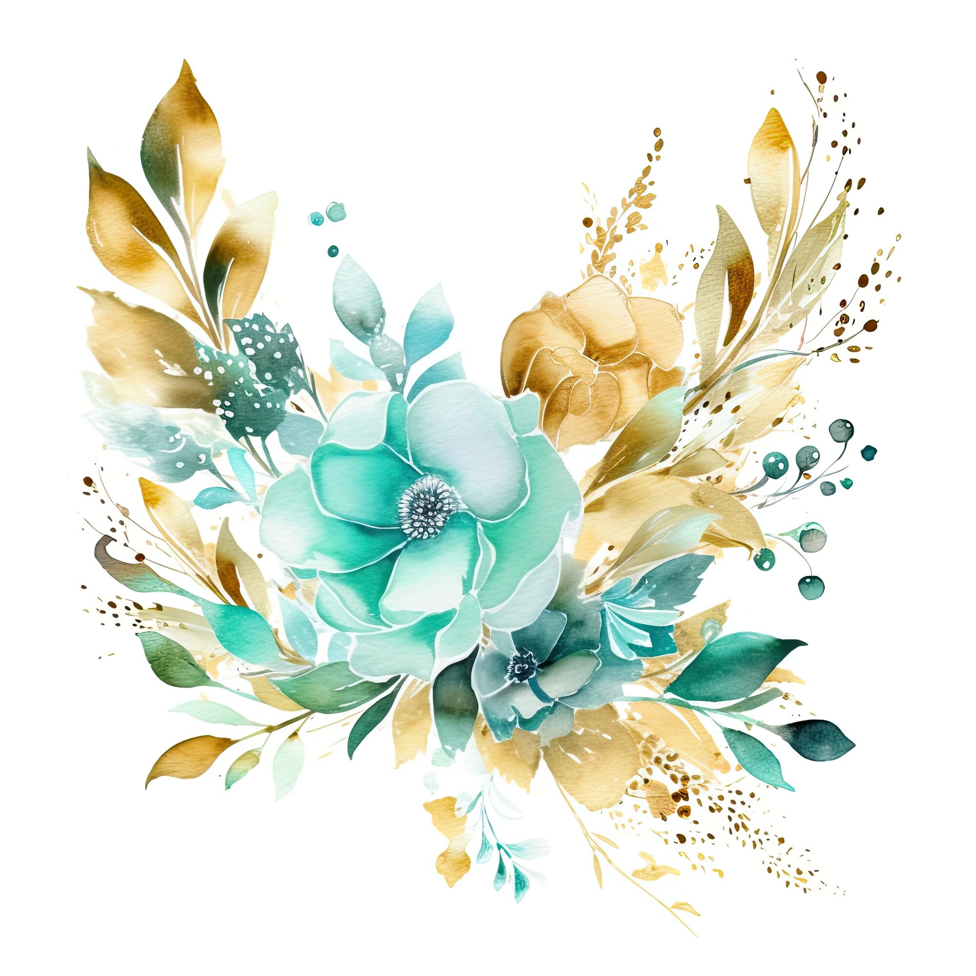 Aqua and Gold Floral Clipart, Aqua Flowers, Watercolor Floral Clip Art ...