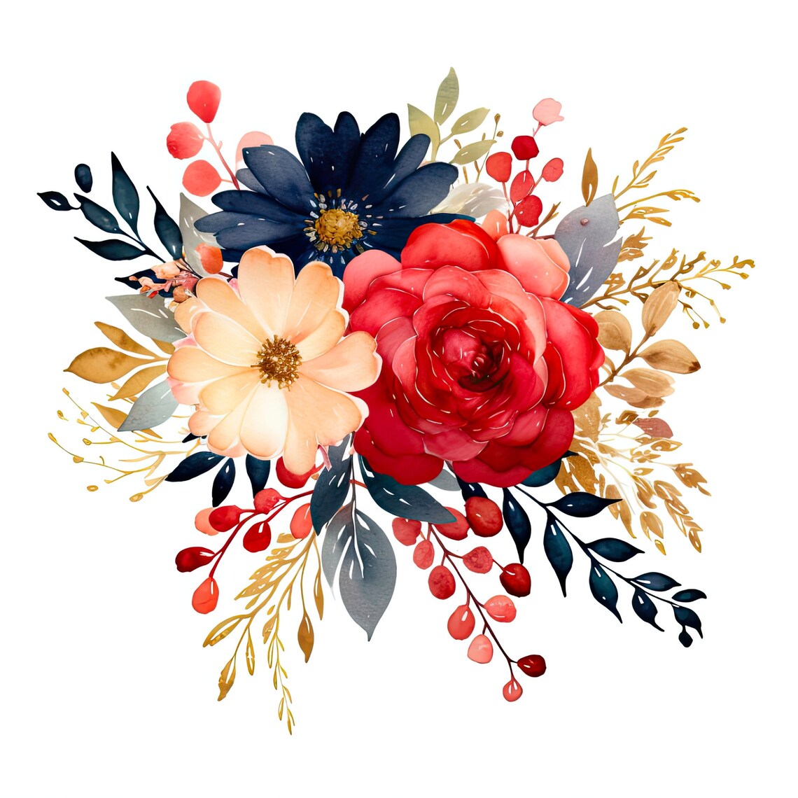 Navy Red and Gold Floral Bouquets Clipart Vintage Flower, Rustic Floral ...