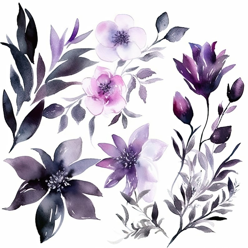 Black Purple & Silver Floral Clipart - Vintage Lavender Bouquets ...