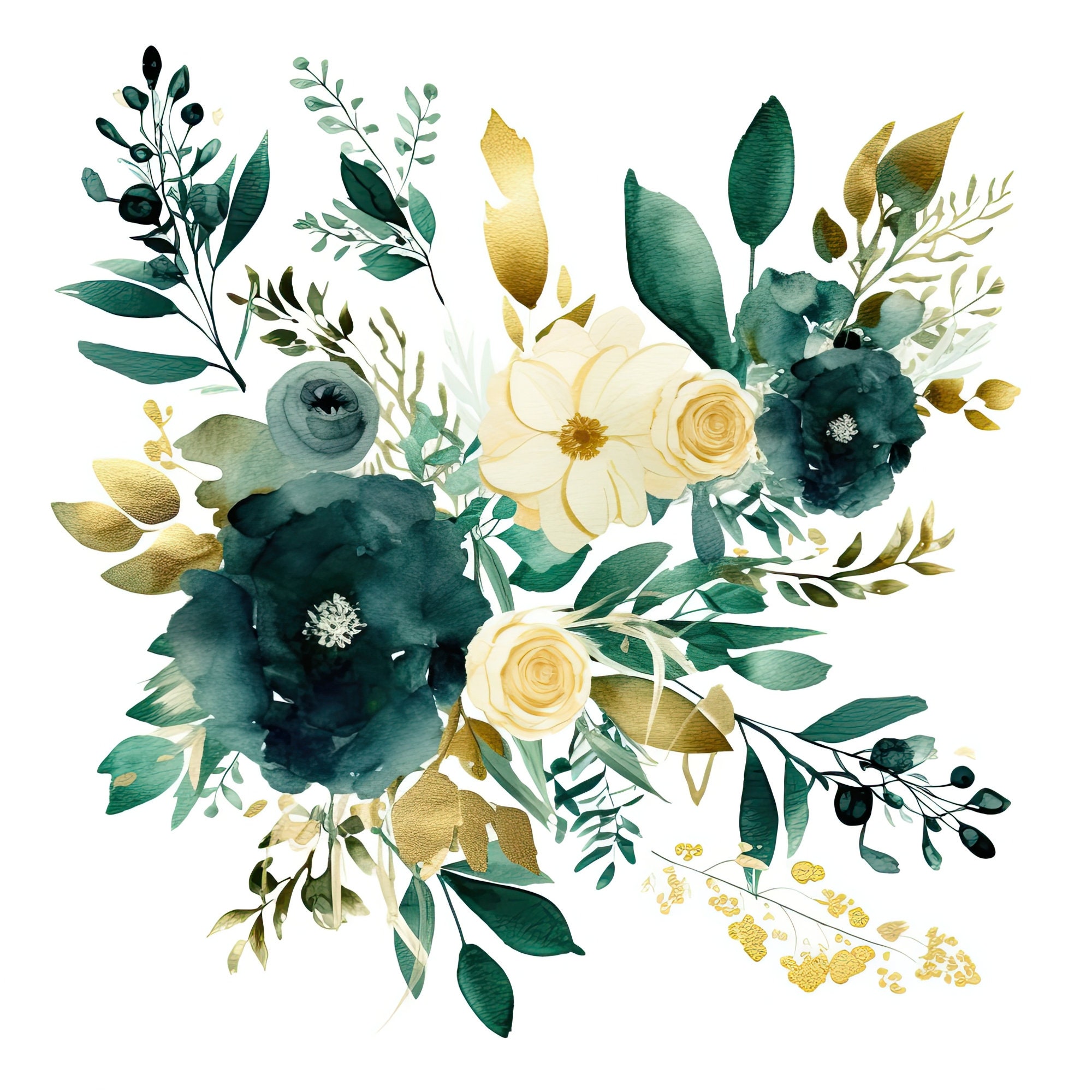 Dark Emerald and Gold Floral Bouquets Clipart Vintage Green Roses, St ...
