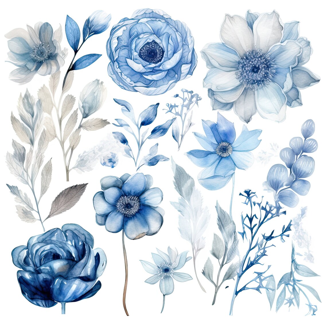 Blue & Silver Floral Clipart, Vintage Blue Flower Art, Glitter Overlay ...