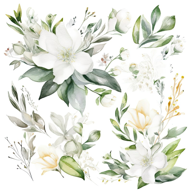 White Wedding Florals Clipart: Rustic Floral Wedding Flowers, White ...