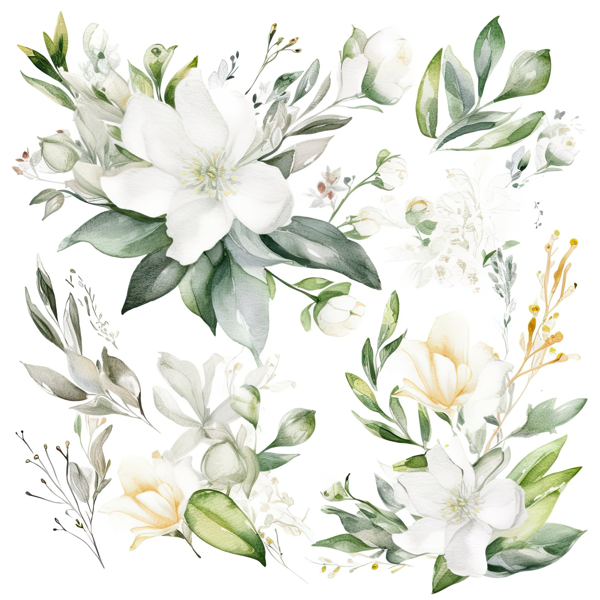 White Wedding Florals Clipart: Rustic Floral Wedding Flowers, White ...