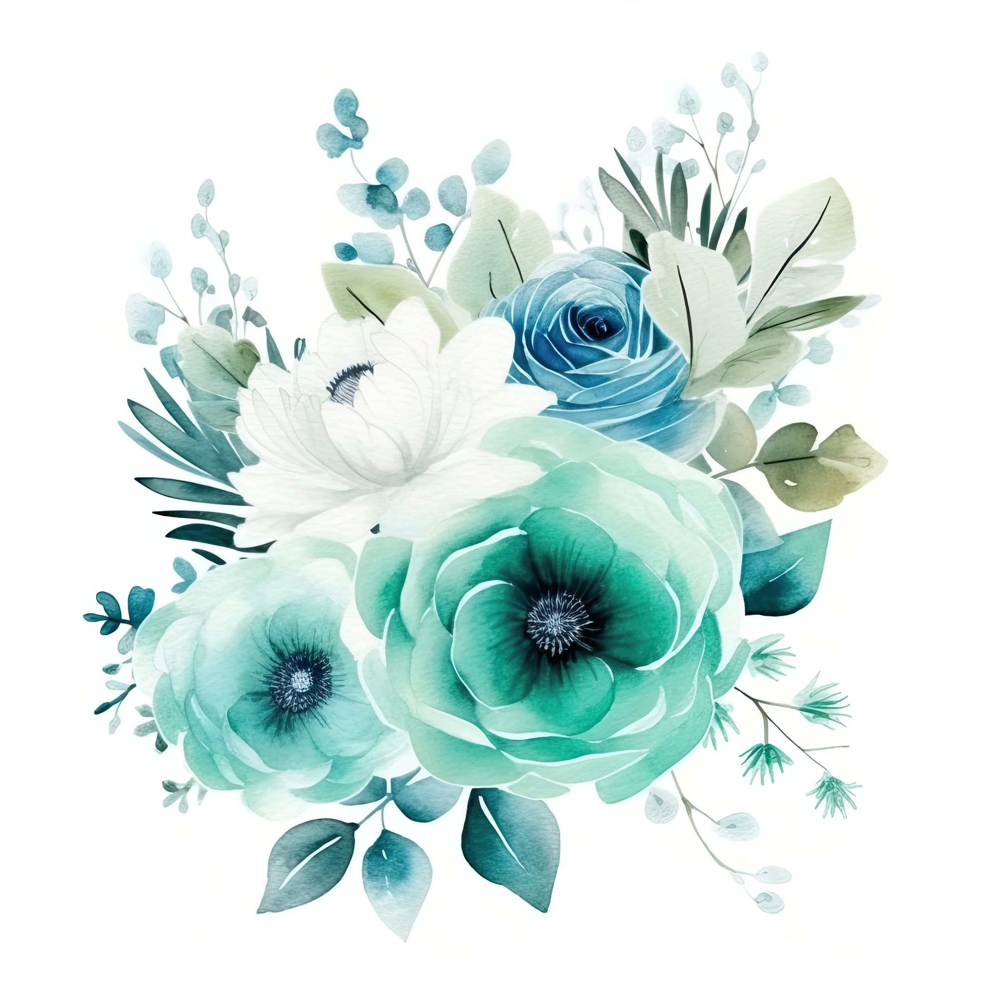 Turquoise Bouquets Floral Clipart: Rustic Wedding Vintage Flowers, Teal ...