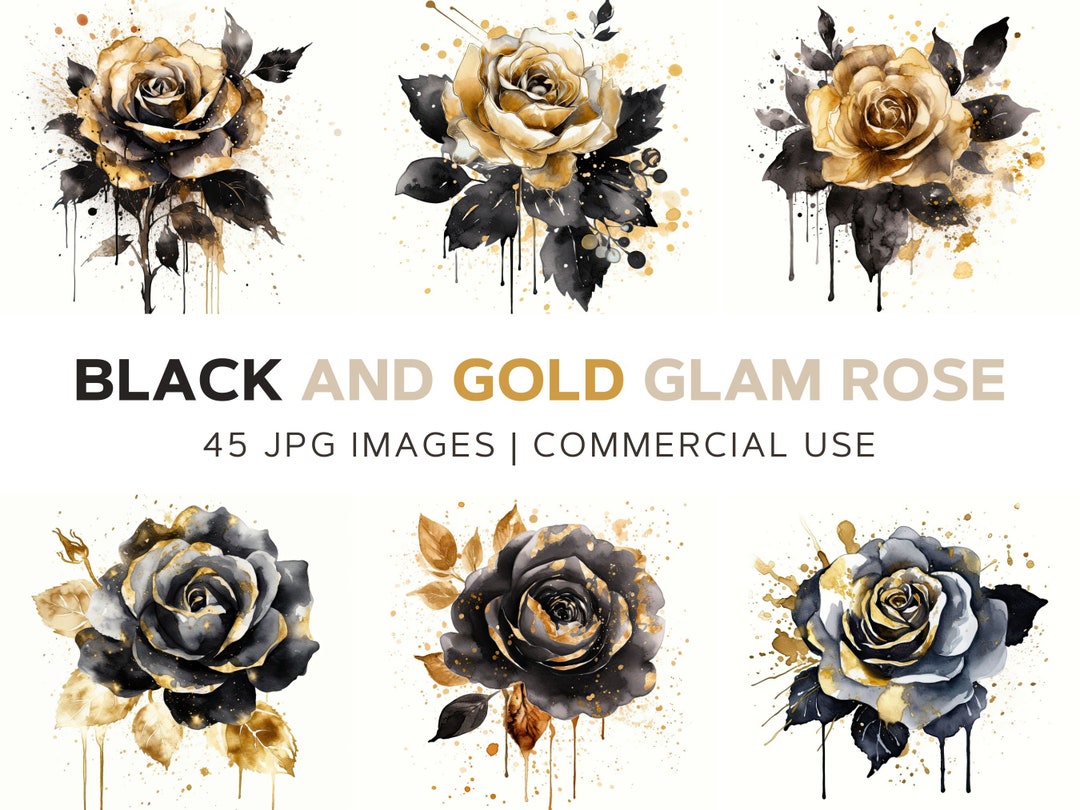 Black and Gold Glam Rose Clipart: Gothic Glitter JPG, Gold Glitter ...
