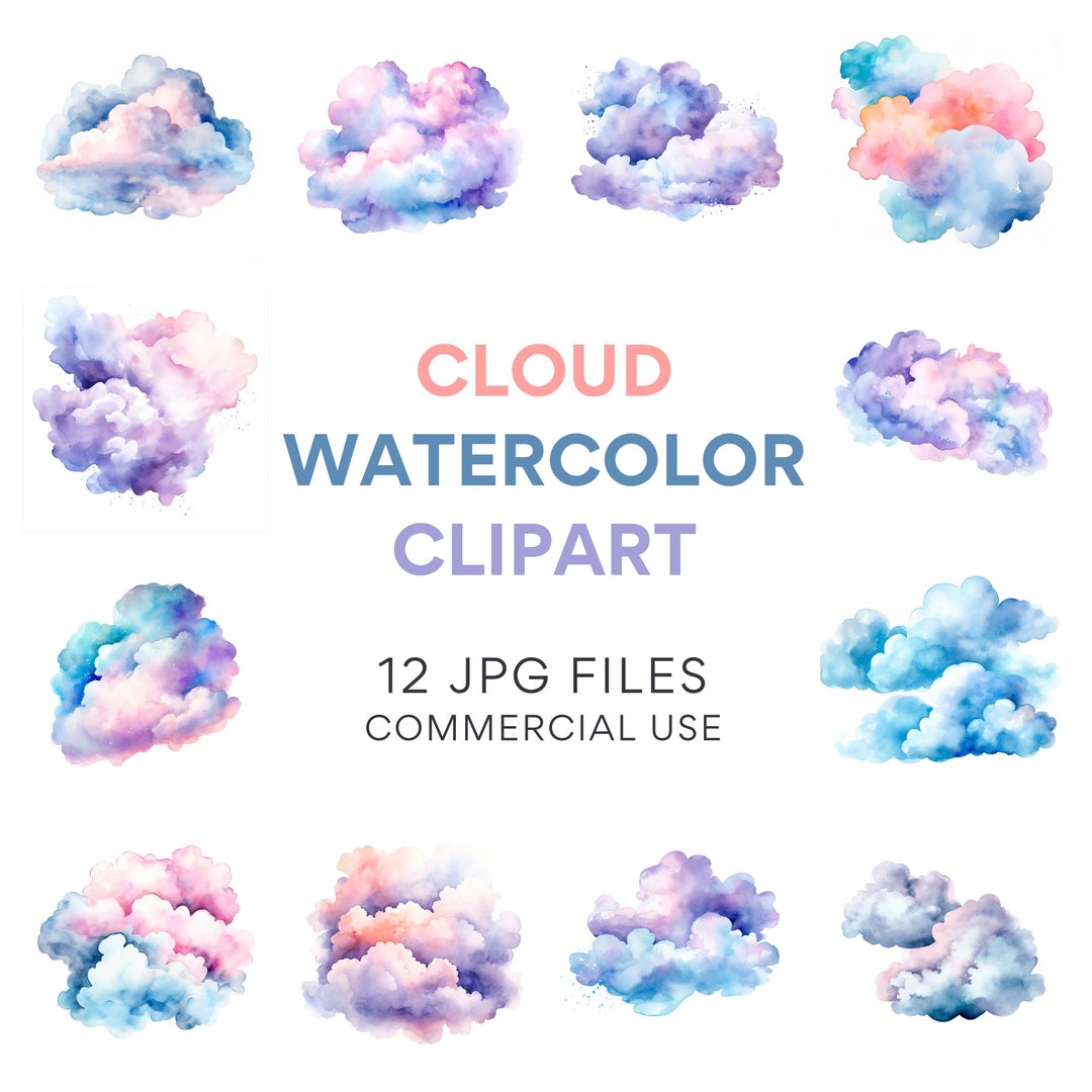 Cloud Clipart: Watercolor Clouds, Glitter Clouds, Commercial Use ...