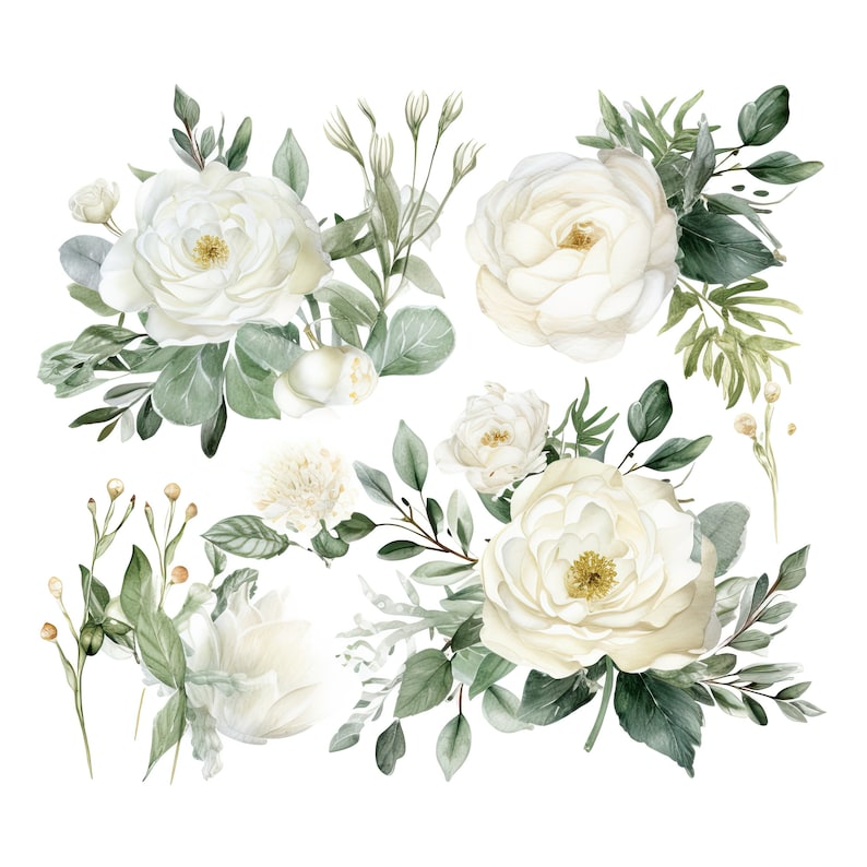 White Wedding Florals Clipart: Rustic Floral Wedding Flowers, White ...