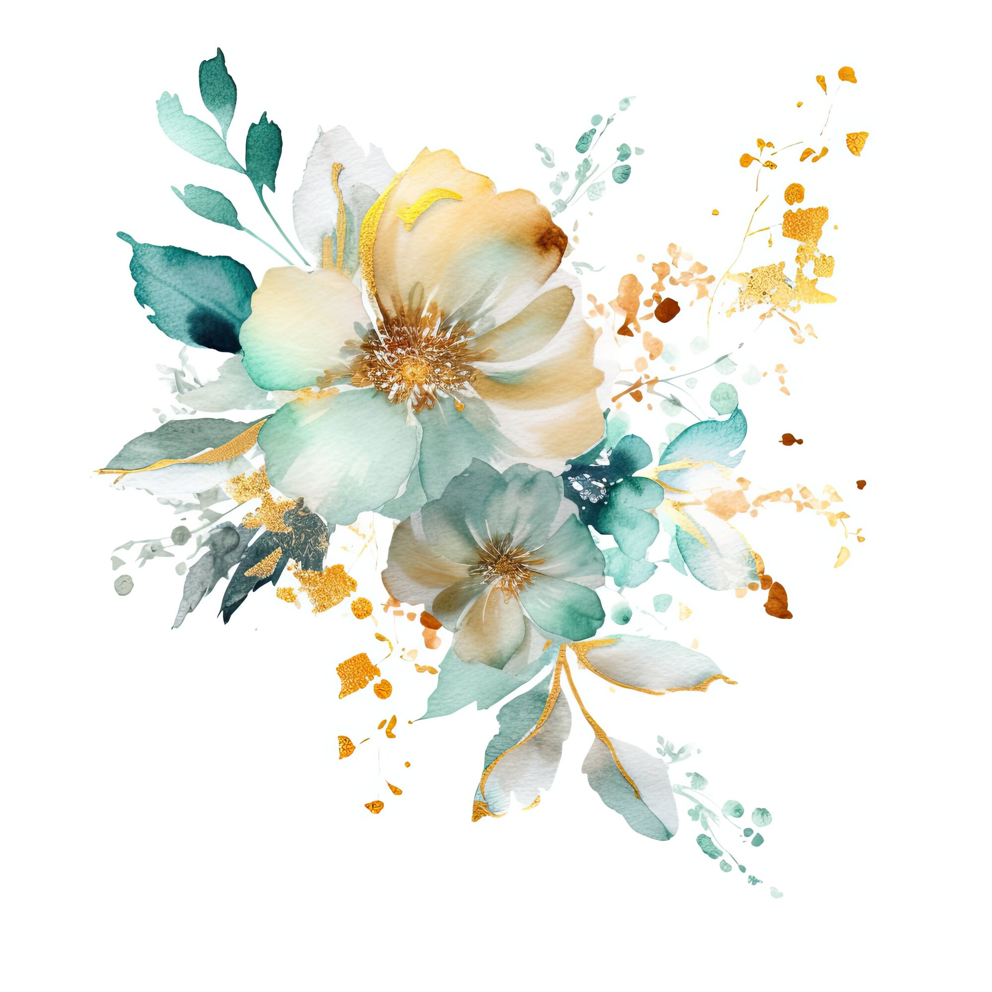 Aqua and Gold Floral Clipart, Aqua Flowers, Watercolor Floral Clip Art ...