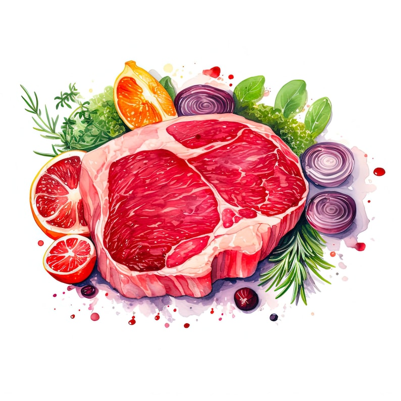Meat Clipart Collection: Watercolor Food Illustration, Beef, Pork & Steak Clipart, Raw Meat ...