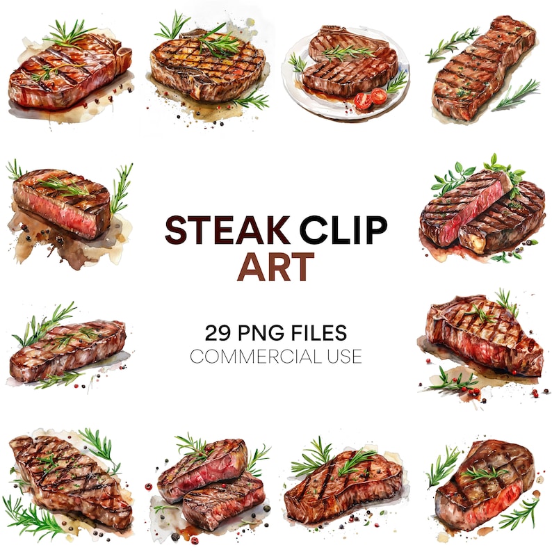 Steak Clip Art: Watercolor Food Clipart, Steak Illustration, BBQ ...