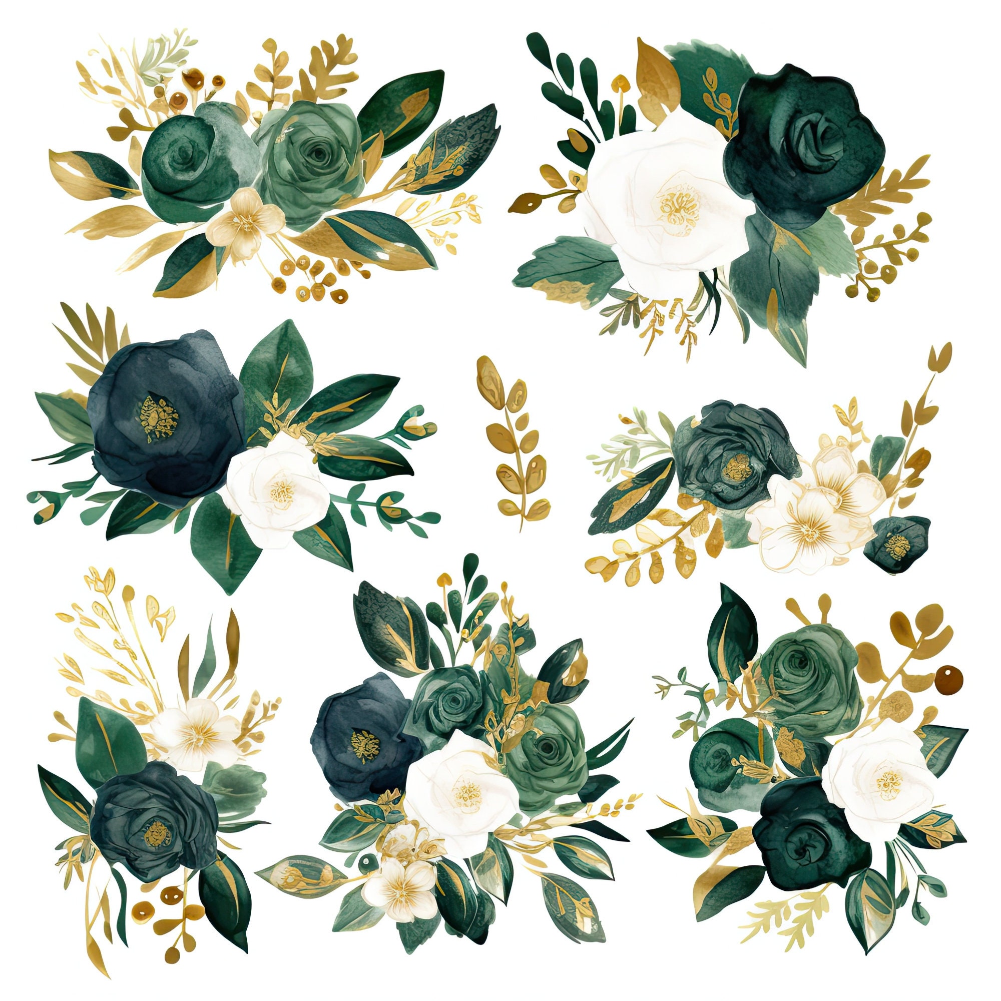 Dark Emerald and Gold Floral Bouquets Clipart Vintage Green Roses, St ...