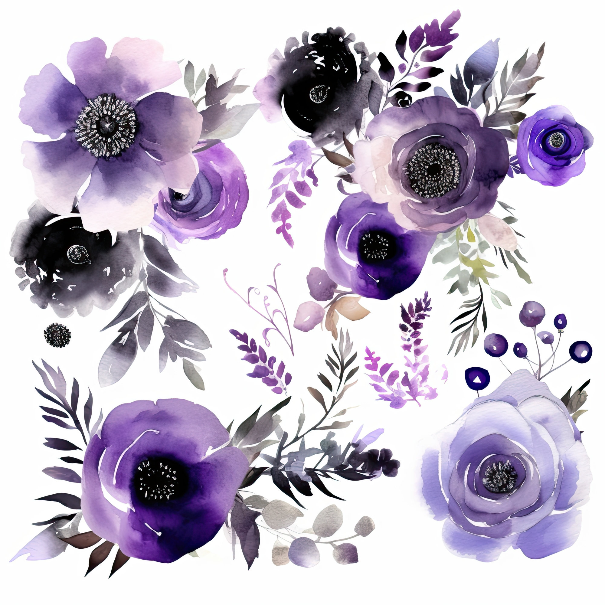Black Purple & Silver Floral Clipart - Vintage Lavender Bouquets ...