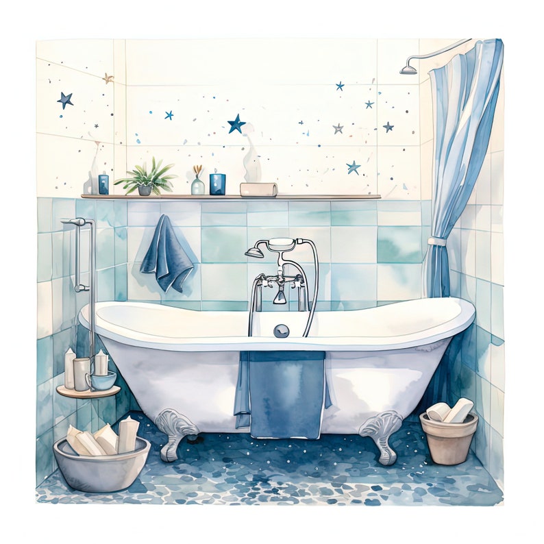 Bathroom Clip Art Bundle: Commercial Use, Watercolor Bathtub Clipart ...