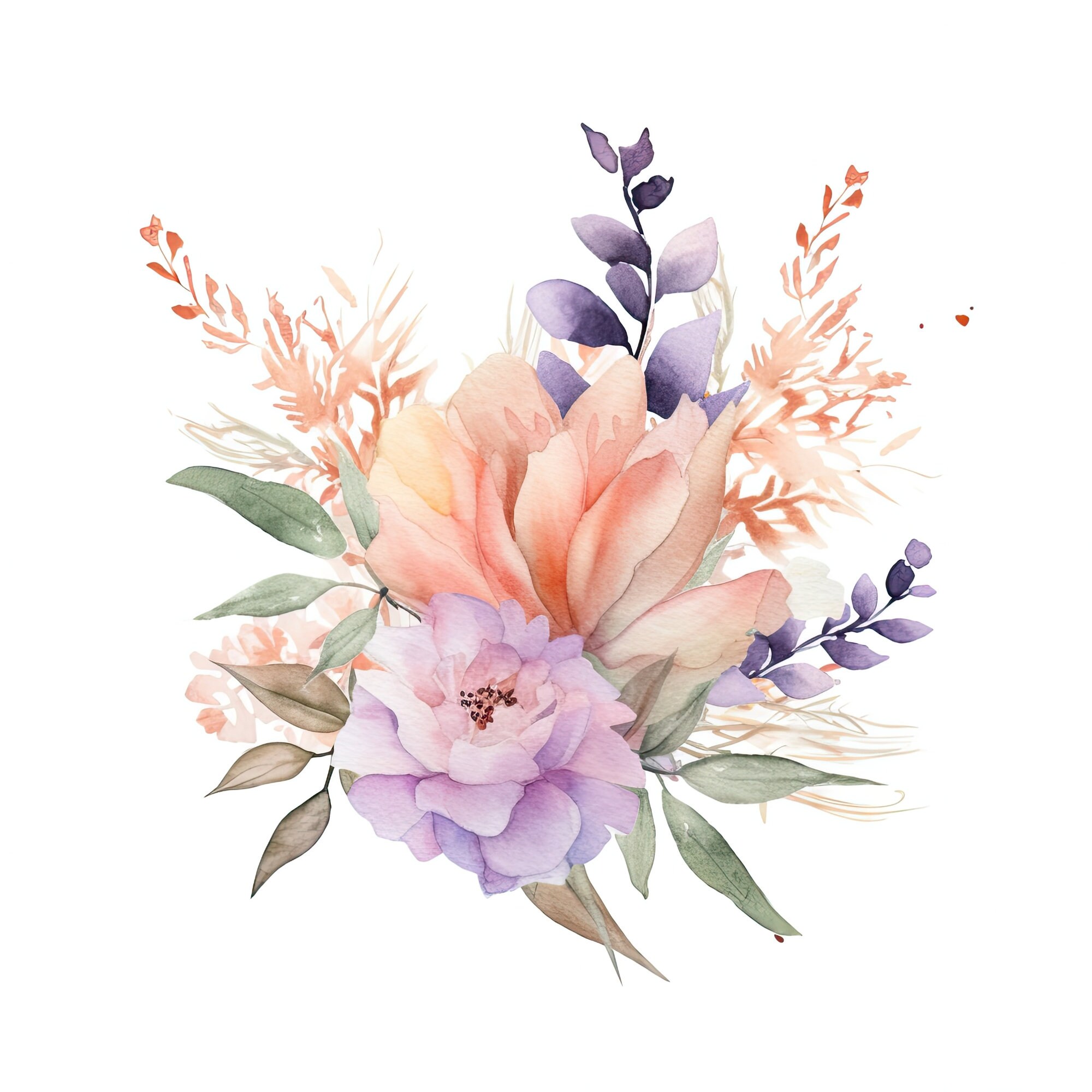 Peach Pink and Lavender Floral Clipart: Rustic Vintage Flowers in Blush ...