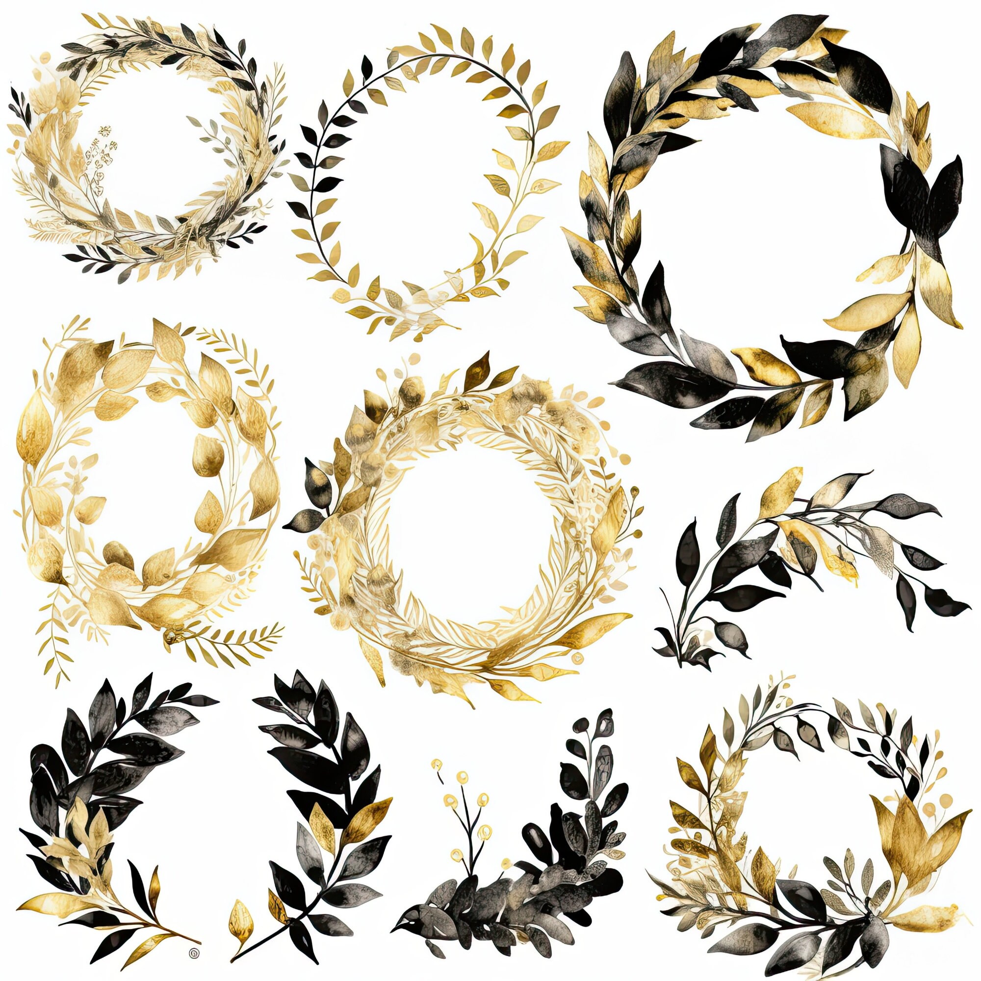 Black and Gold Wreaths Clipart: JPG Floral, Gold Glitter, Black & Gold ...