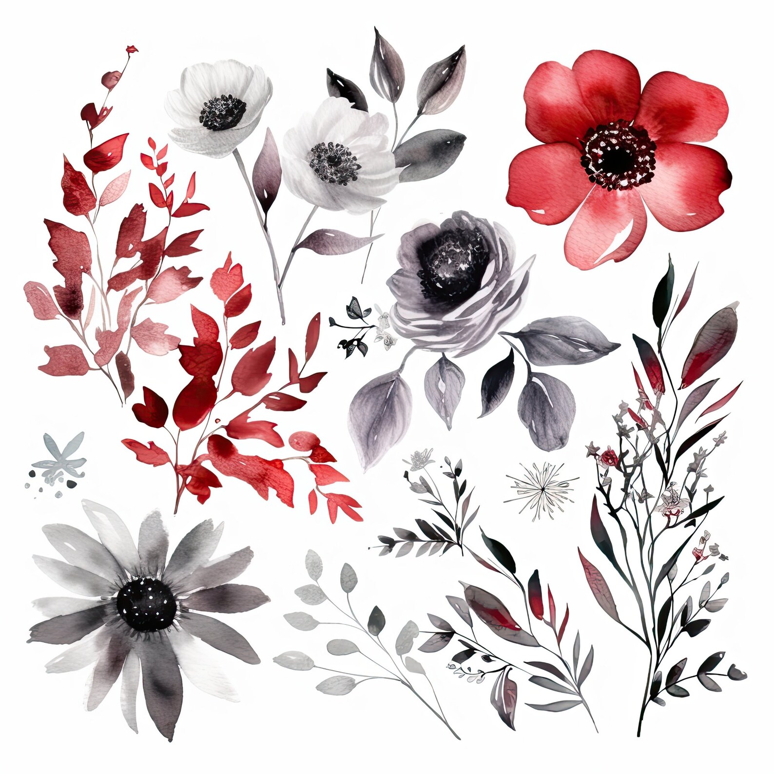 Crimson Black and Silver Floral Clipart With Glitter Flowers - Vintage ...
