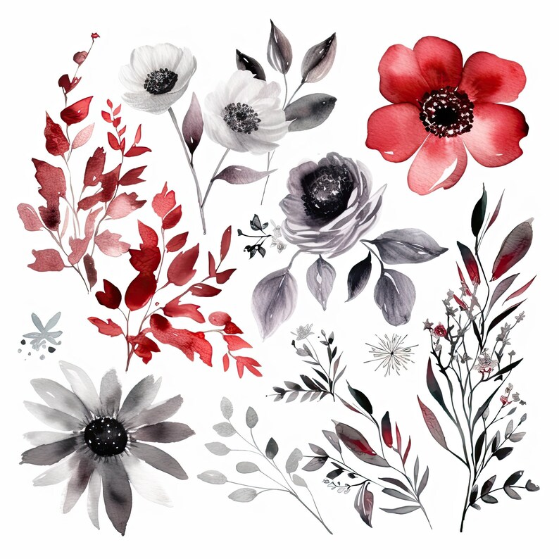 Crimson Black and Silver Floral Clipart With Glitter Flowers - Vintage ...