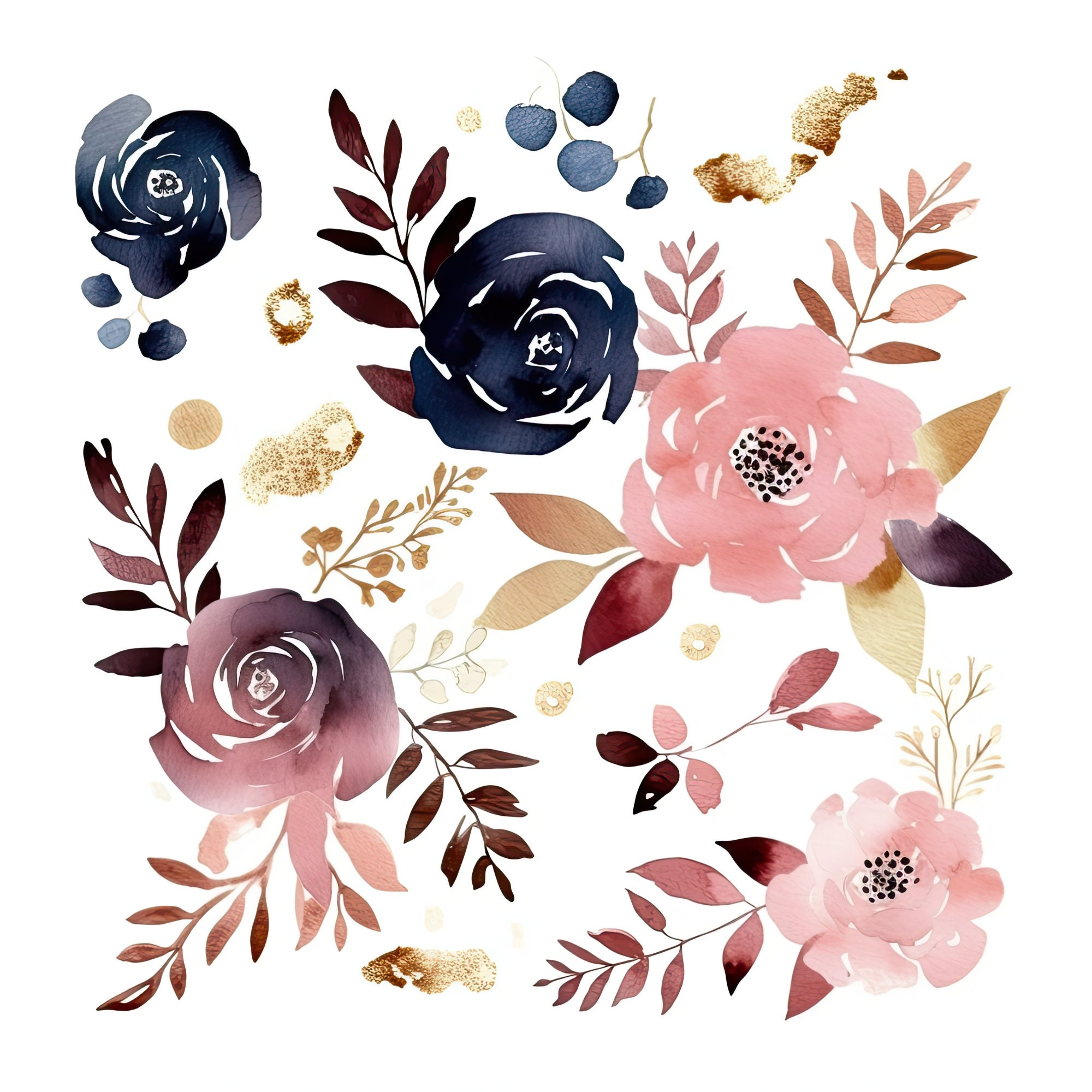 Navy Maroon and Rose Gold Floral Clipart 64 High-quality Jpgs ...