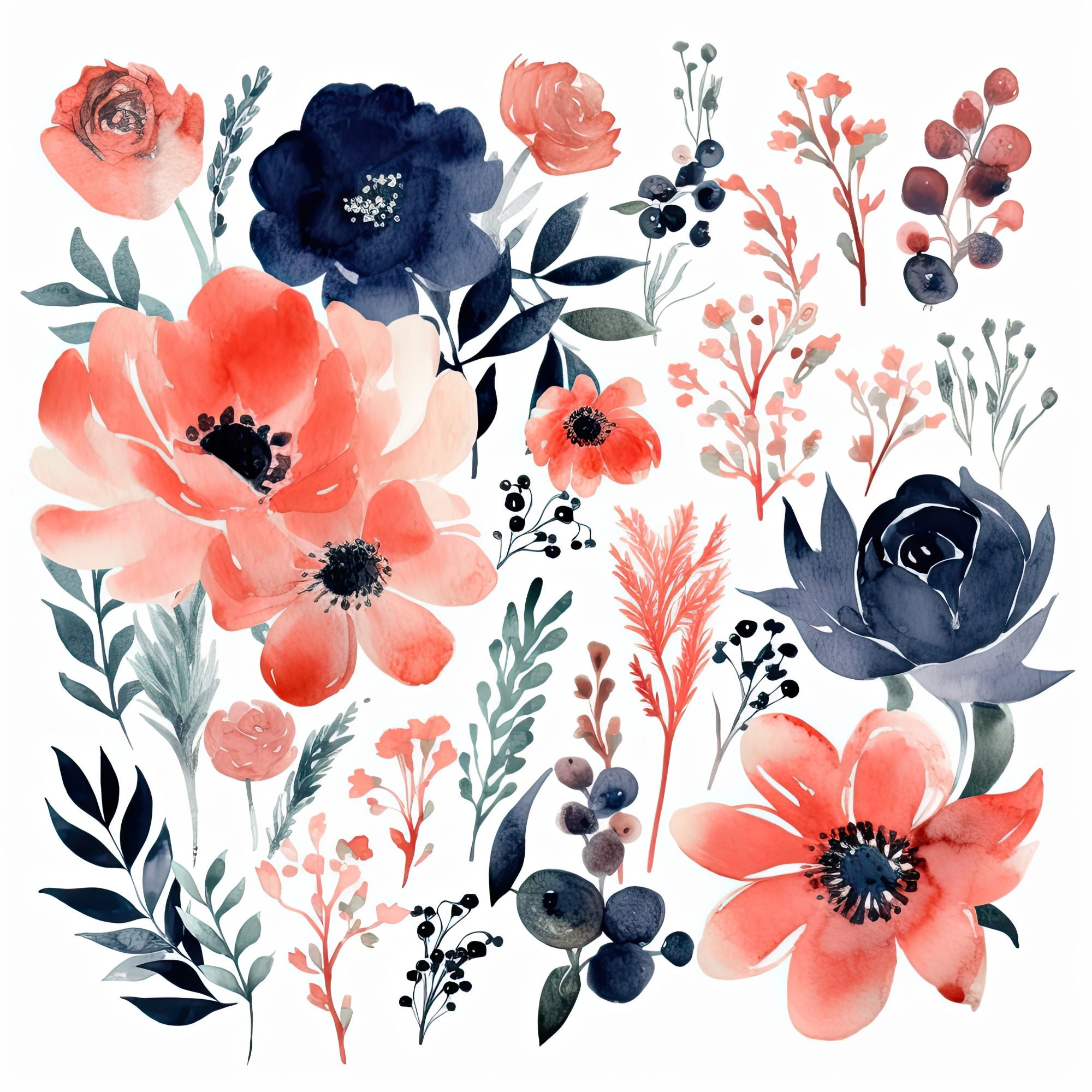Coral and Navy Floral Clipart Rustic Vintage Flowers for Wedding, Rose ...