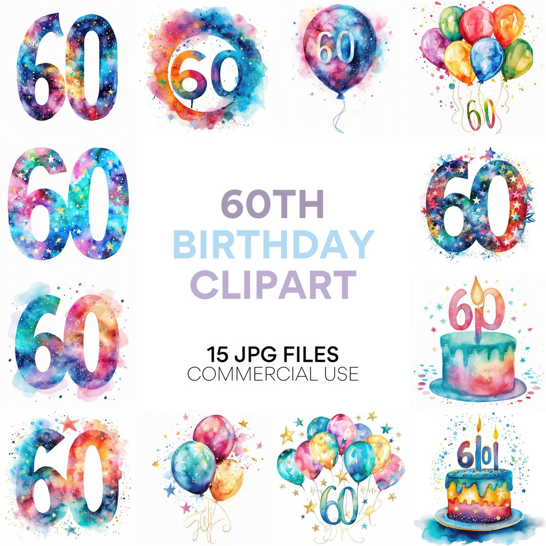 60th Birthday Clipart | 15 High-quality Jpgs - Watercolor, Digital ...
