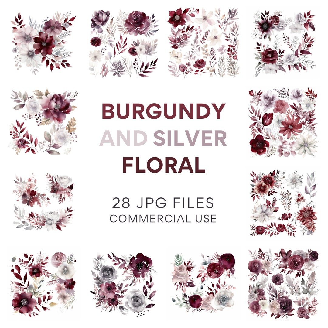 Burgundy and Silver Floral Clipart 28 High-quality Jpgs Watercolor ...