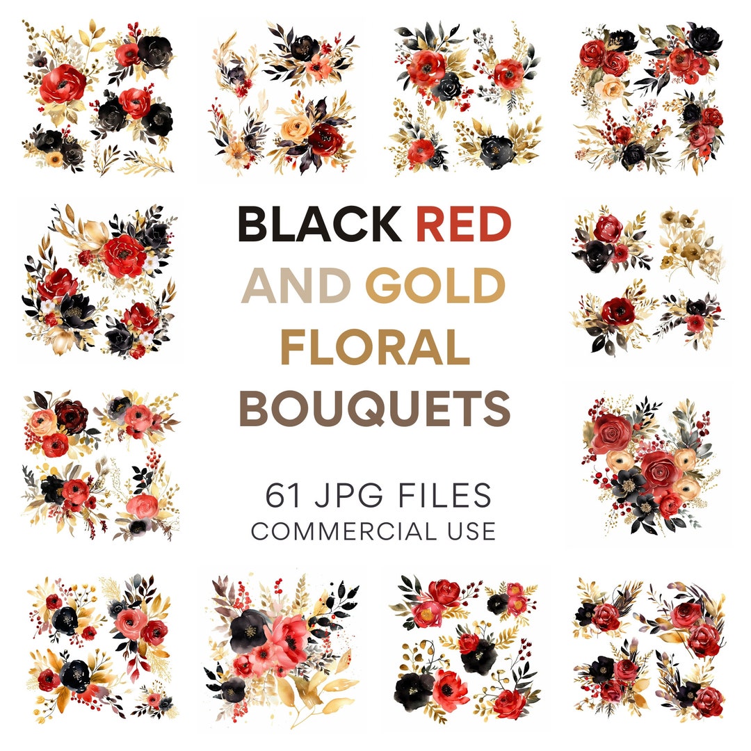 Black Red Gold Floral Bouquets Clipart, Vintage Flowers Gothic Floral ...
