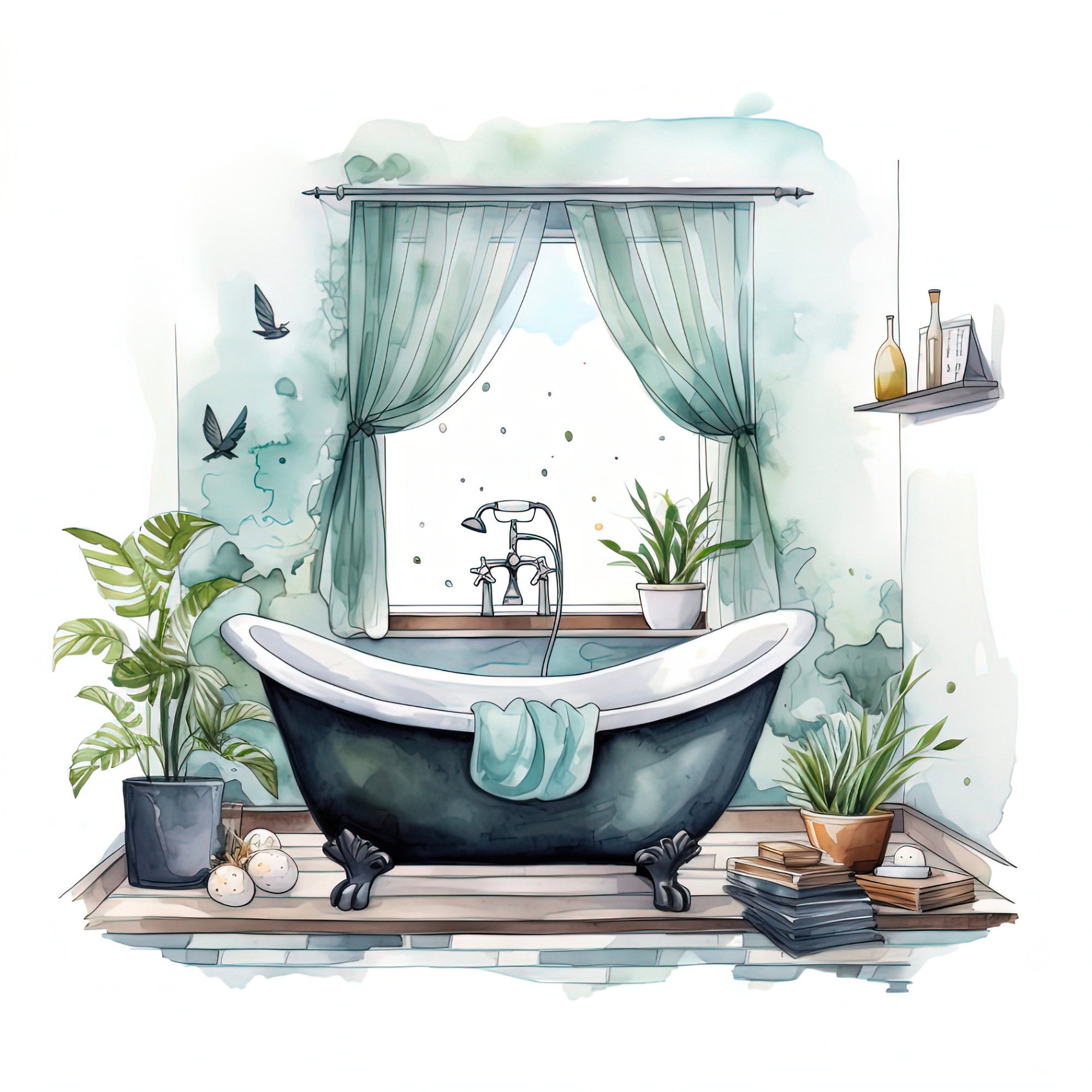 Bathroom Clip Art Bundle: Commercial Use, Watercolor Bathtub Clipart ...