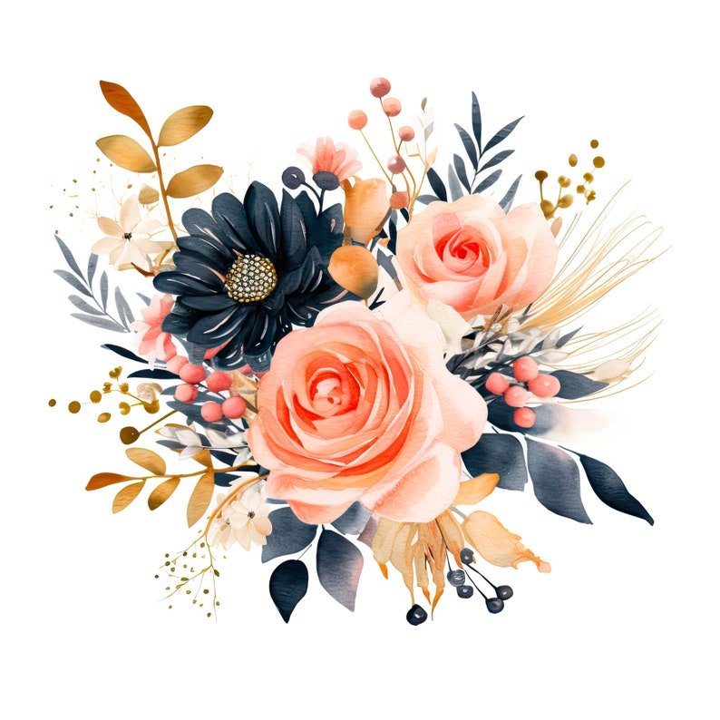 Coral Navy Gold Floral Bouquets Clipart 83 High-quality Jpgs Watercolor ...
