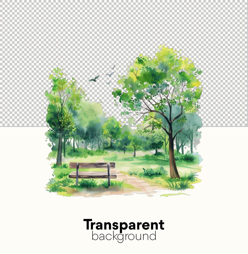 Park Clipart: Watercolor Landscape, Park Bench, PNG Digital Download ...