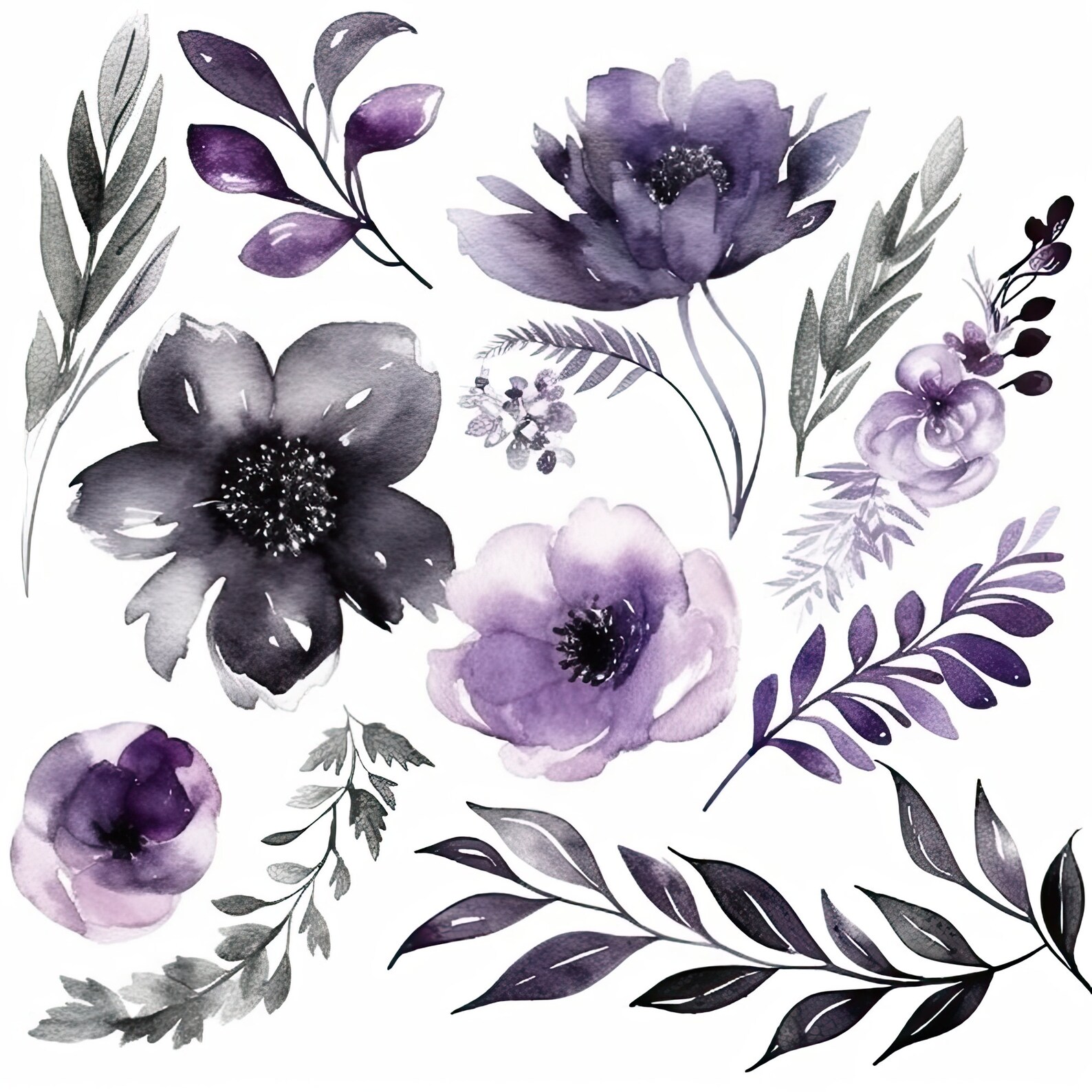 Black Purple & Silver Floral Clipart - Vintage Lavender Bouquets ...