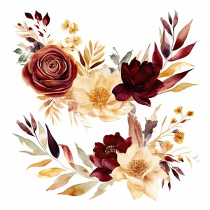 Maroon and Gold Floral Clipart: Rustic Flowers, Maroon Floral Bouquets ...