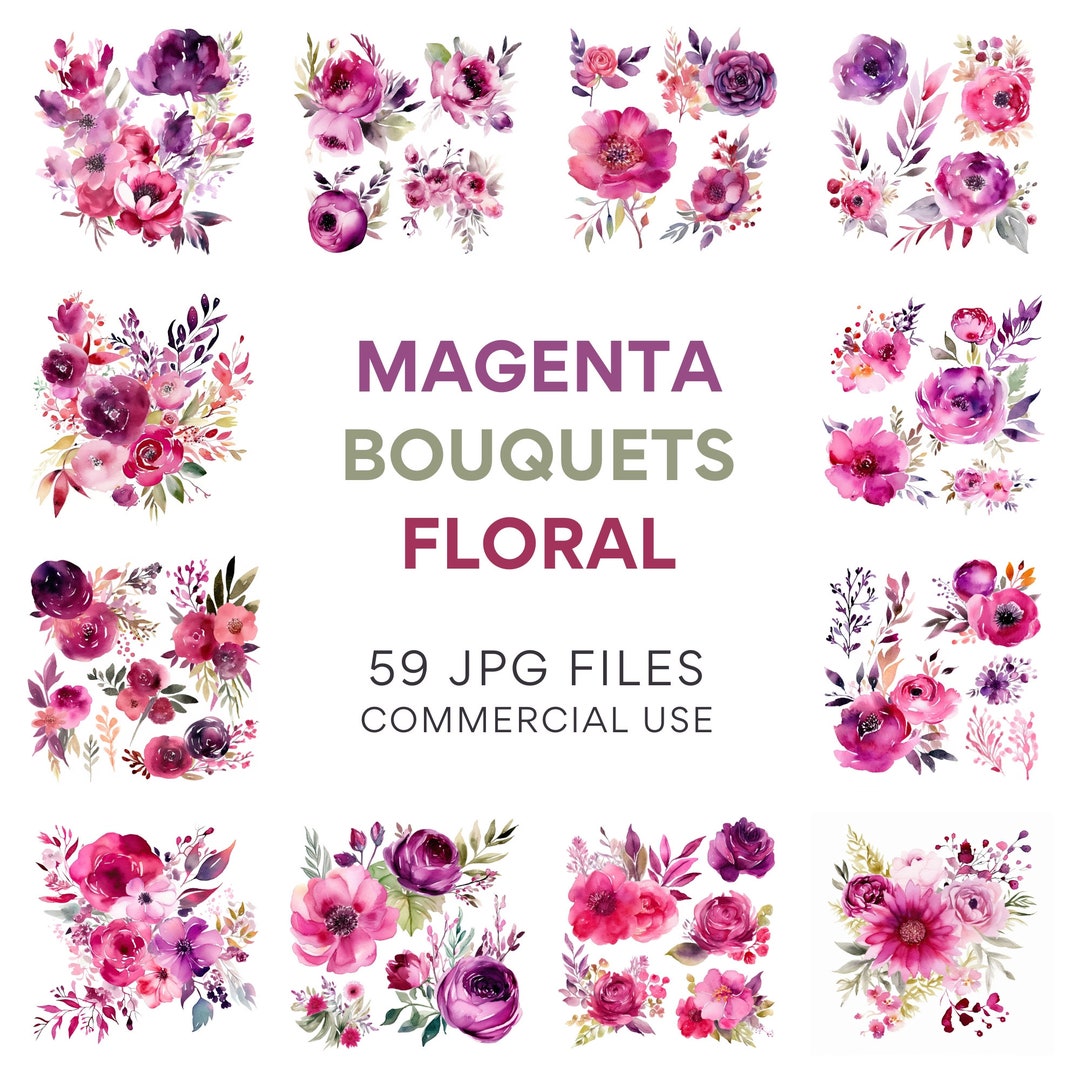 Magenta Bouquets Floral Clipart 59 High-quality Jpgs Watercolor, Junk ...
