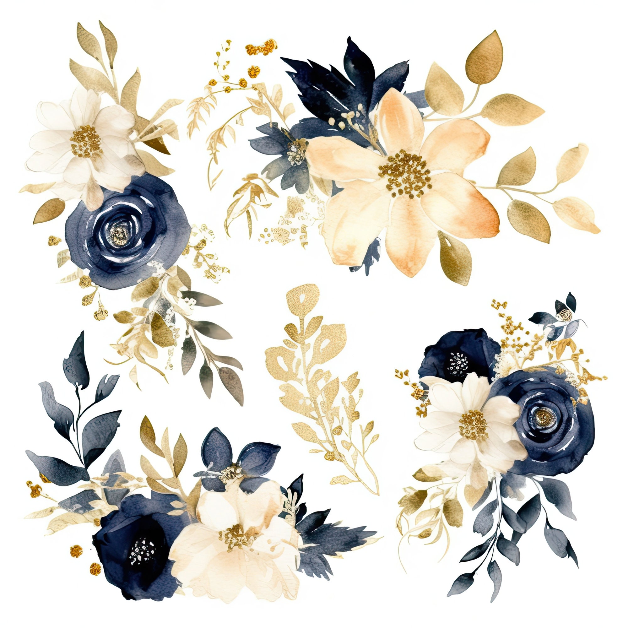 Navy and Gold Floral Bouquets Clipart: Vintage Flowers for Wedding ...