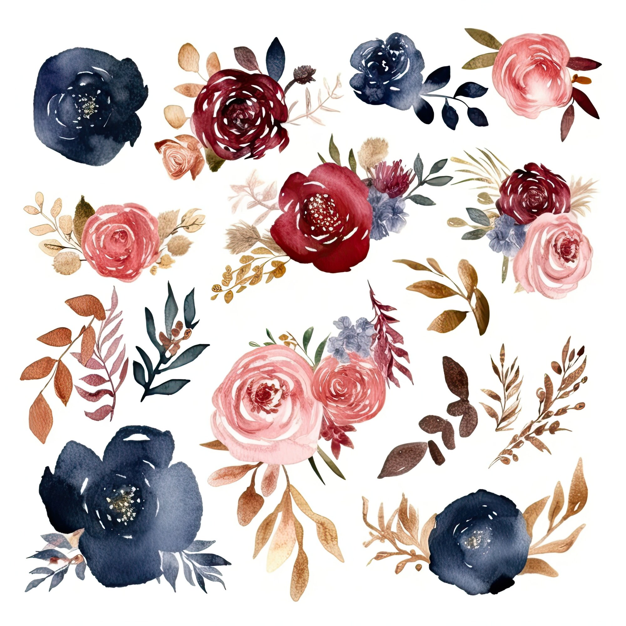 Navy Maroon and Rose Gold Floral Clipart 64 High-quality Jpgs ...
