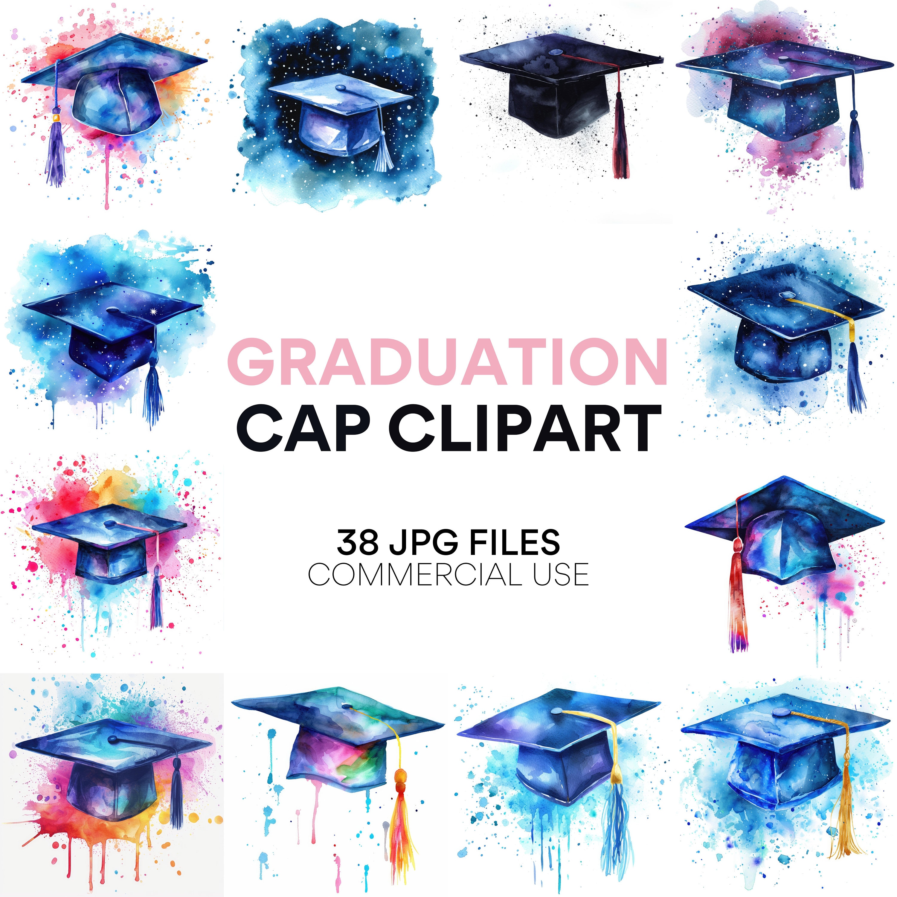 Graduation Cap Clipart 38 High-quality Jpgs Watercolor, Digital ...