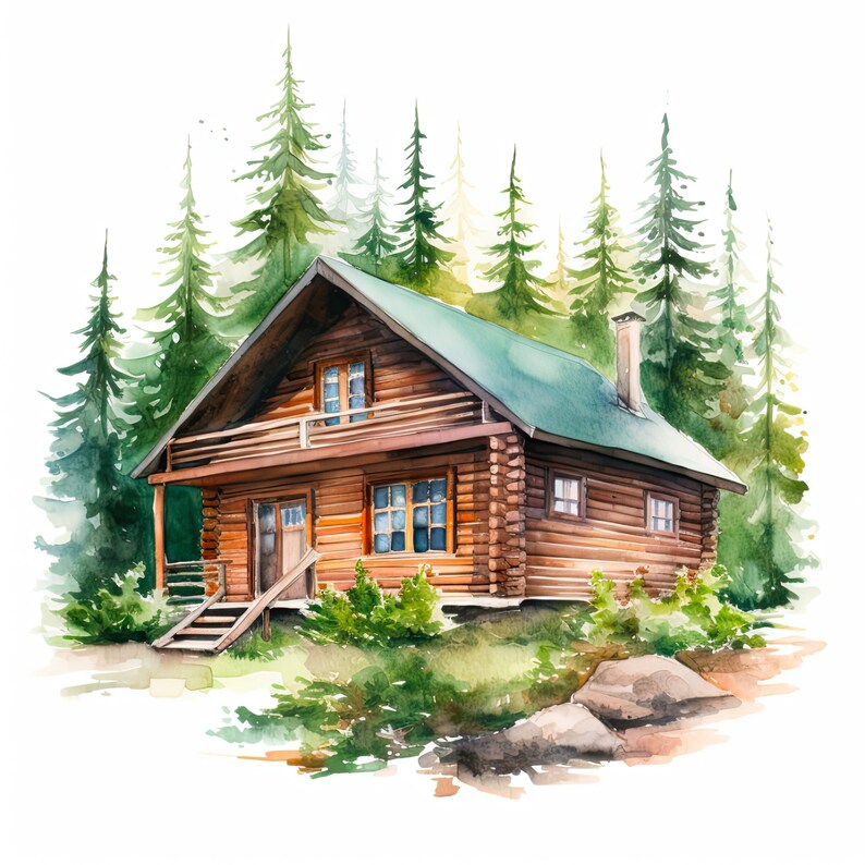 Cabin Clipart Bundle Watercolor Cabin, Log Cabin Clipart, Digital Download, Commercial Use ...