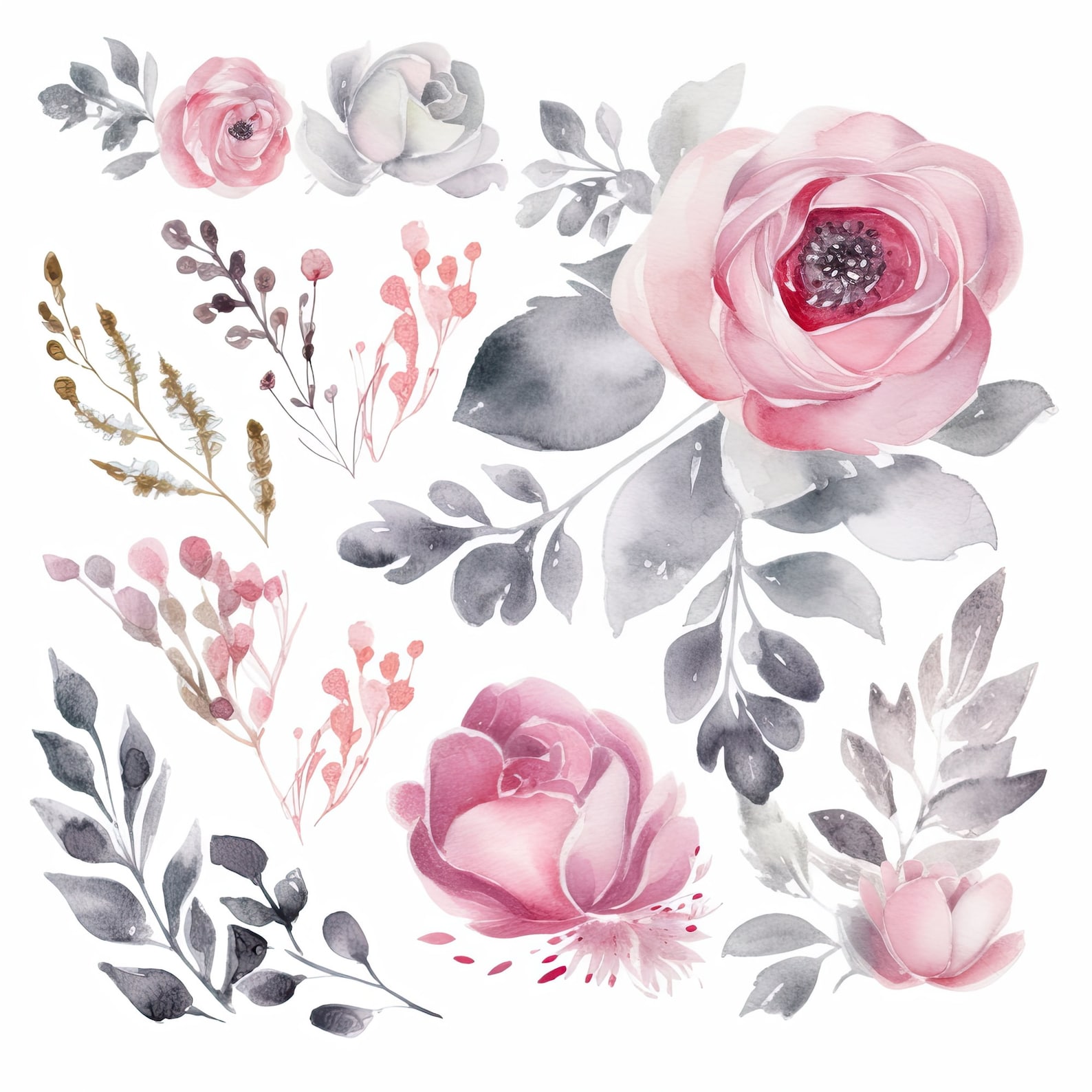 Pink and Silver Floral Clipart: Vintage Flowers With Silver Glitter ...
