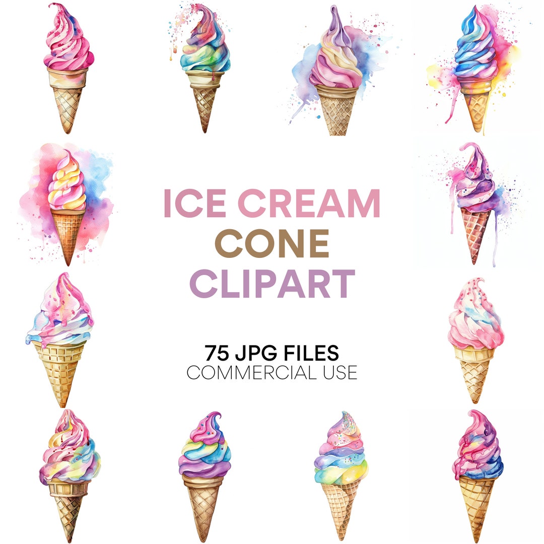 Ice Cream Cone Clipart: Summer Ice Cream Graphics, Watercolor Rainbow ...