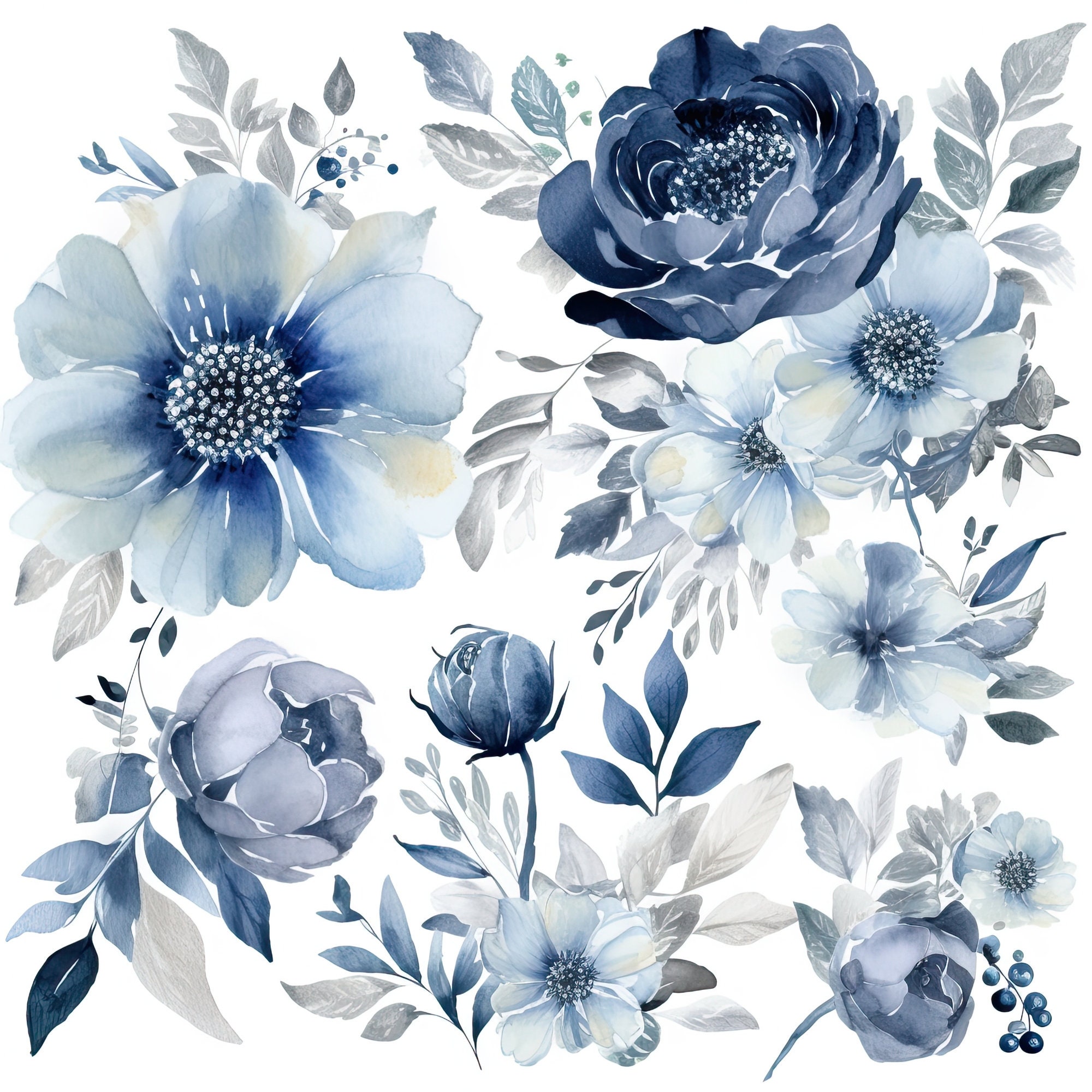Blue & Silver Floral Clipart, Vintage Blue Flower Art, Glitter Overlay ...