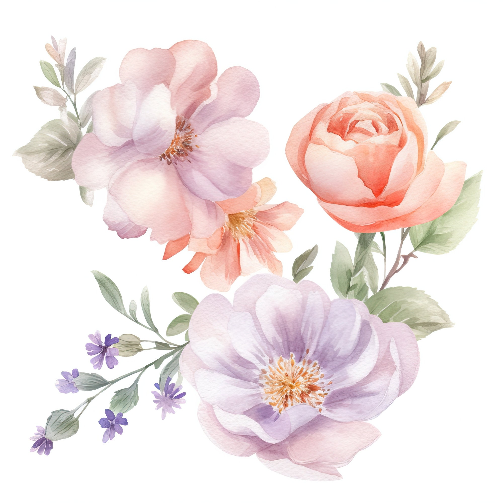 Peach Pink and Lavender Floral Clipart: Rustic Vintage Flowers in Blush ...