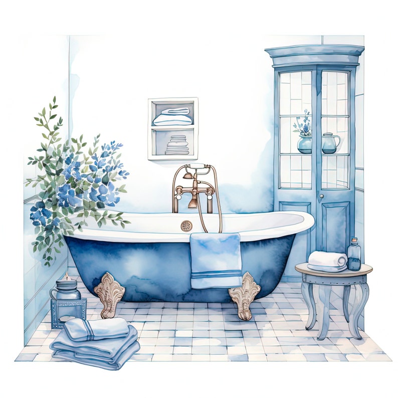 Bathroom Clip Art Bundle: Commercial Use, Watercolor Bathtub Clipart ...