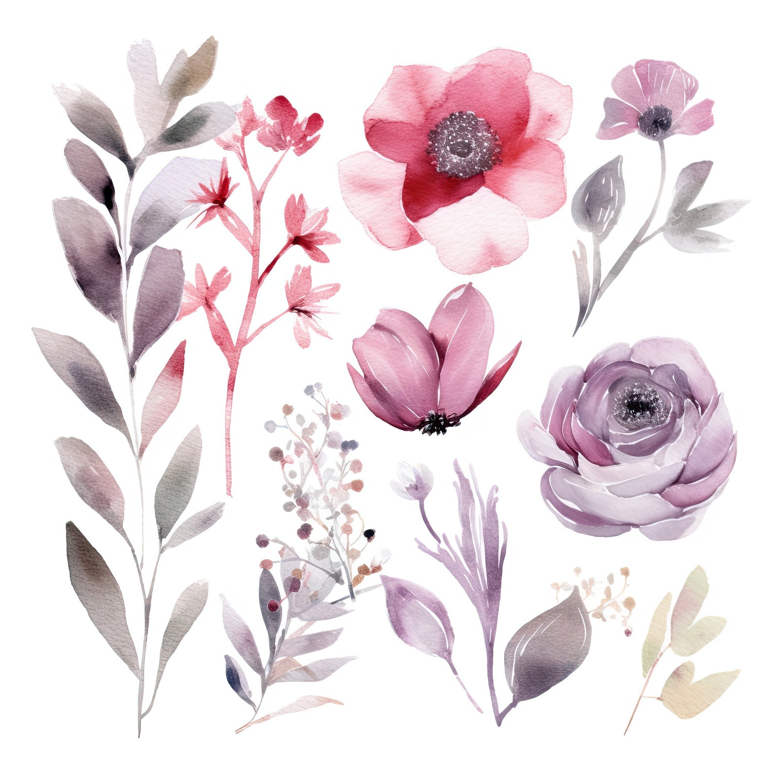 Pink and Silver Floral Clipart: Vintage Flowers With Silver Glitter ...
