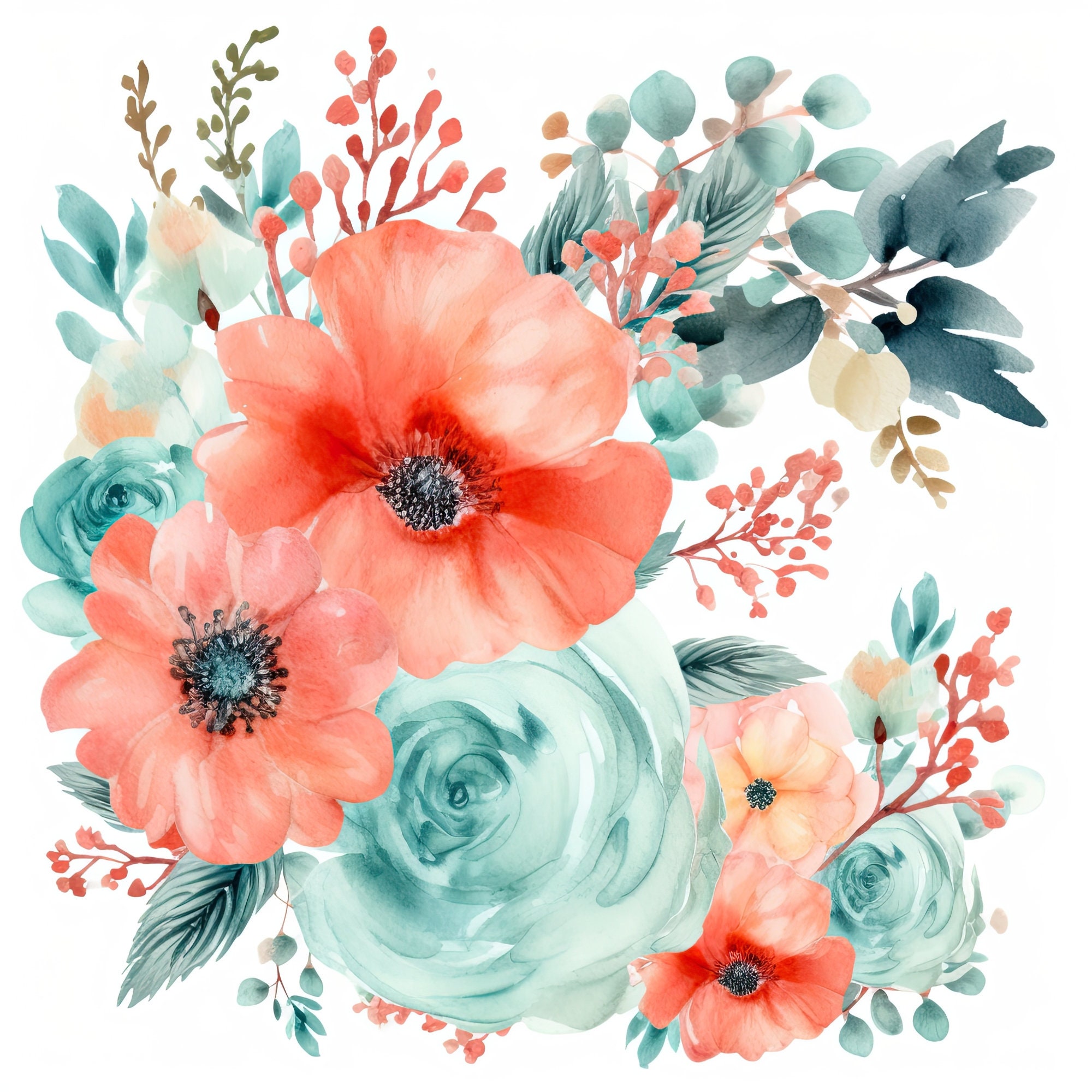 Turquoise and Coral Floral Clipart, Rustic Wedding Flowers, Aqua and ...