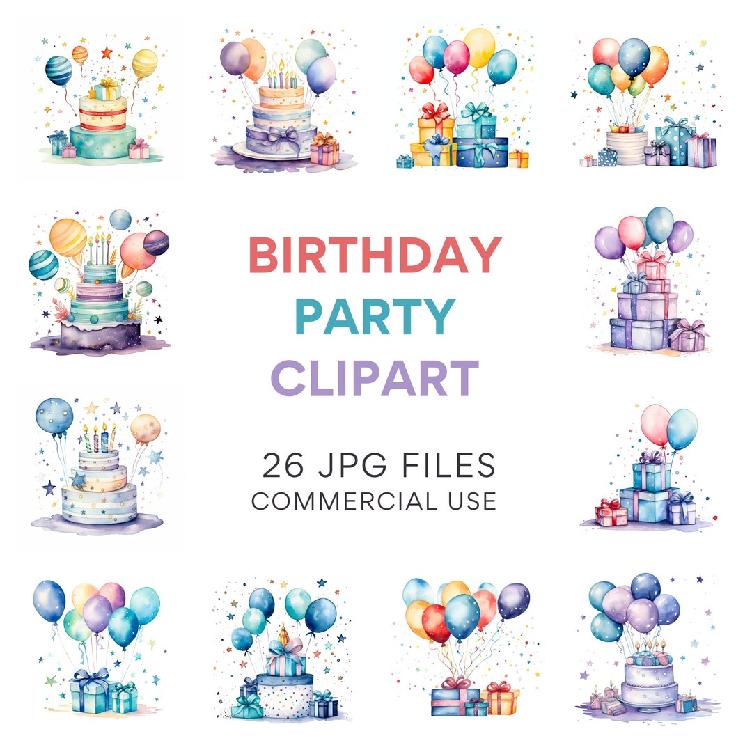 Birthday Party Clip Art Set, Watercolor Clipart Bundle, Colorful ...
