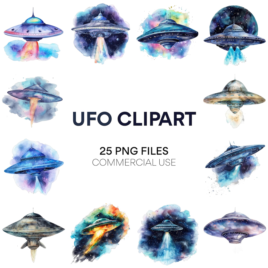 UFO Clipart: Alien Clip Art, Watercolor Clipart for Commercial Use ...